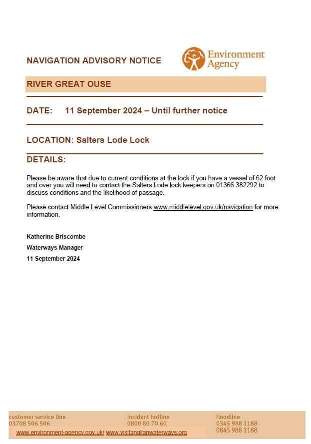 Salters Lode MLC Notification re: passage problems 70ft Narrowboats ...